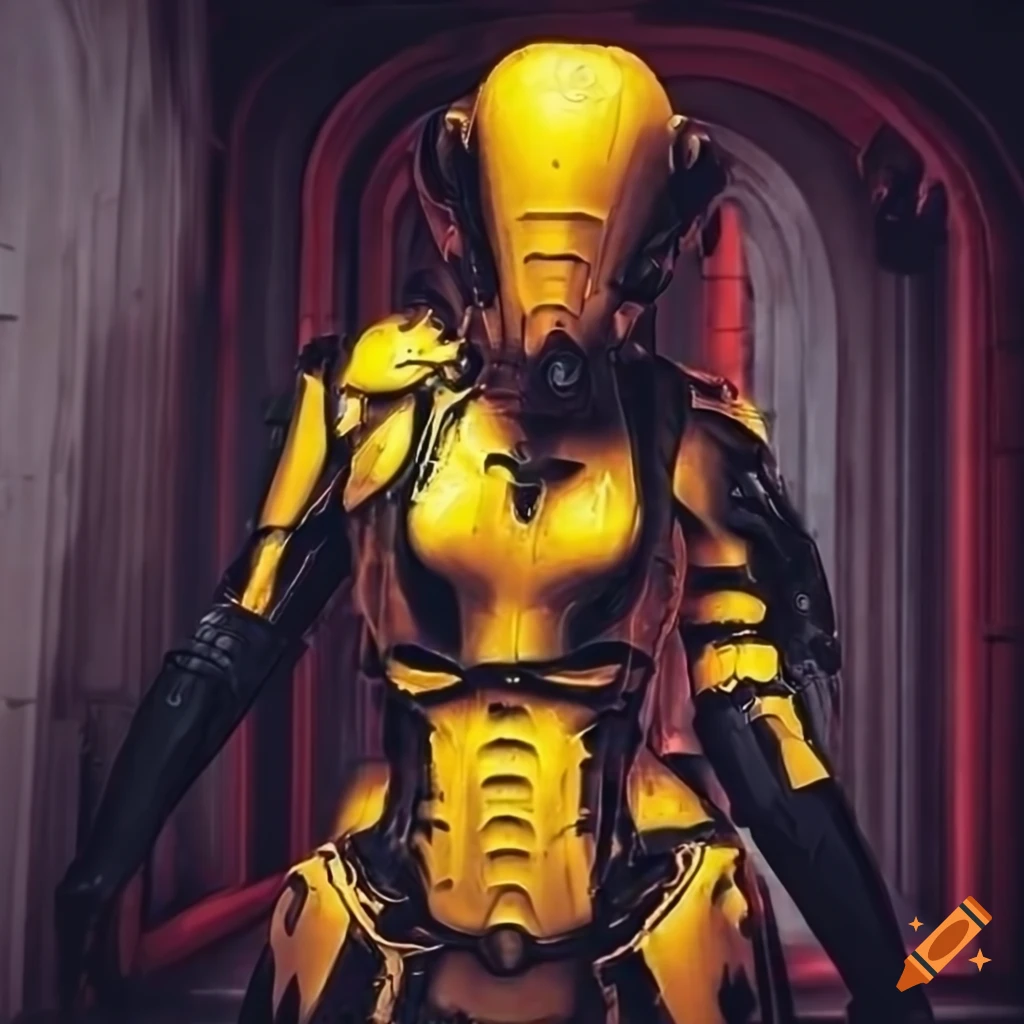 Cyber warrior woman in biomechanical armor in a futuristic metropolis ...