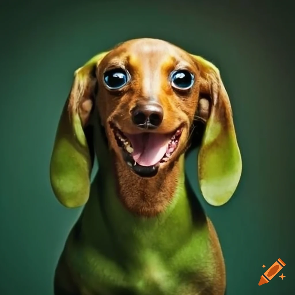 Green wiener dog with sharp teeth smile and googly eyes on Craiyon