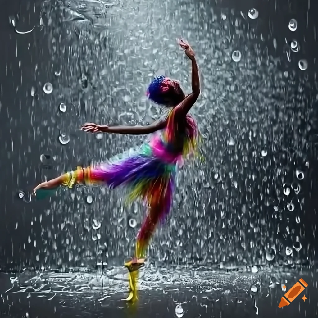 Captivating young black female dancer in the rain with colorful rainbow makeup on Craiyon