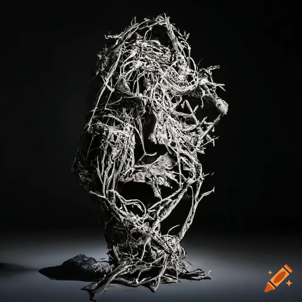 Distorted figure caught in web sculpture in a destroyed desolate ...