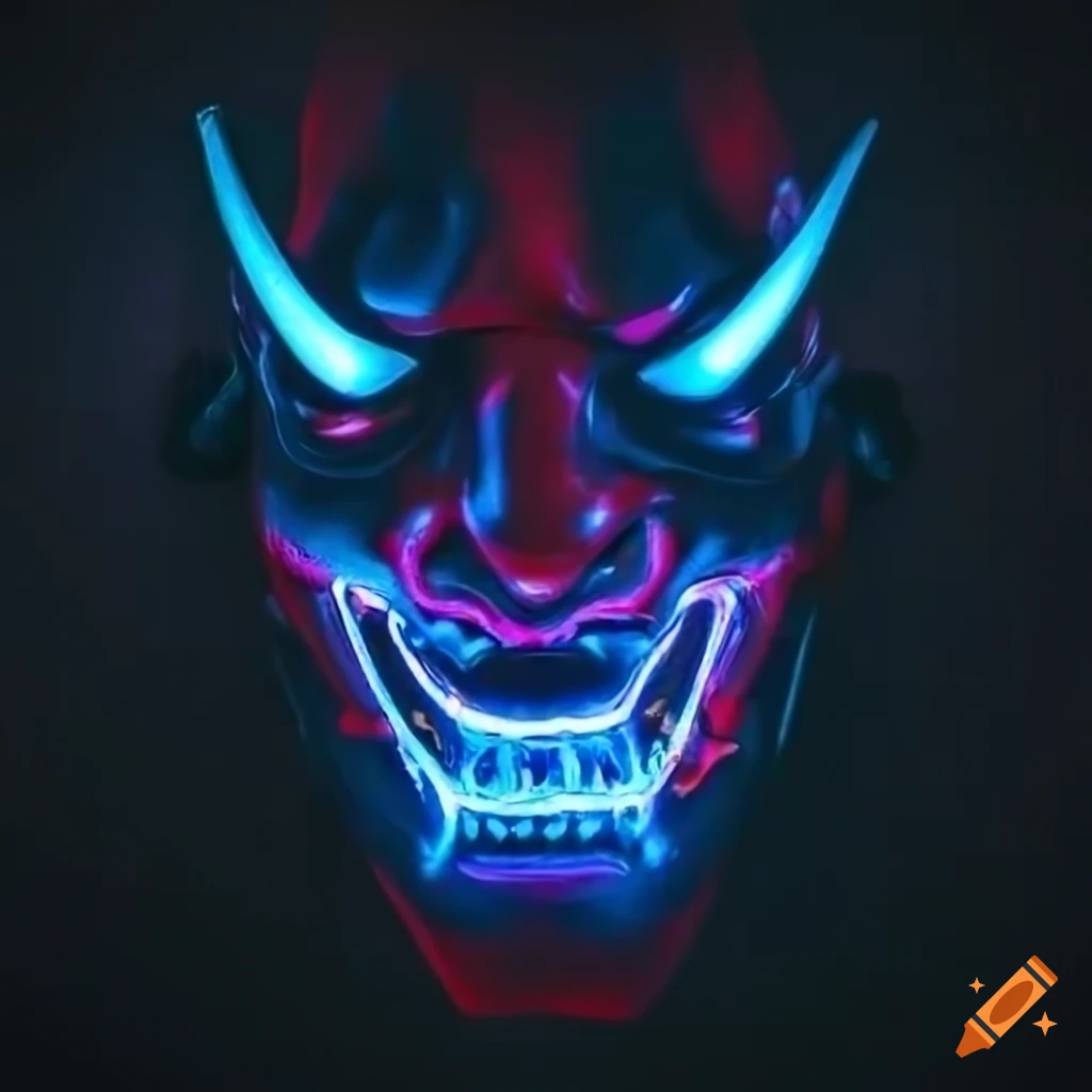 Cyberpunk oni mask with futuristic neon lights on Craiyon