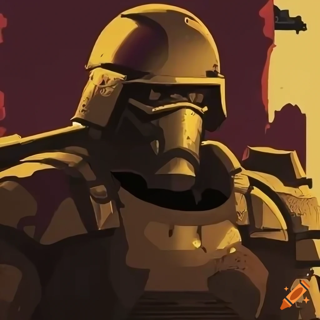 Soviet-style poster art with power armor soldiers and weapons on Craiyon