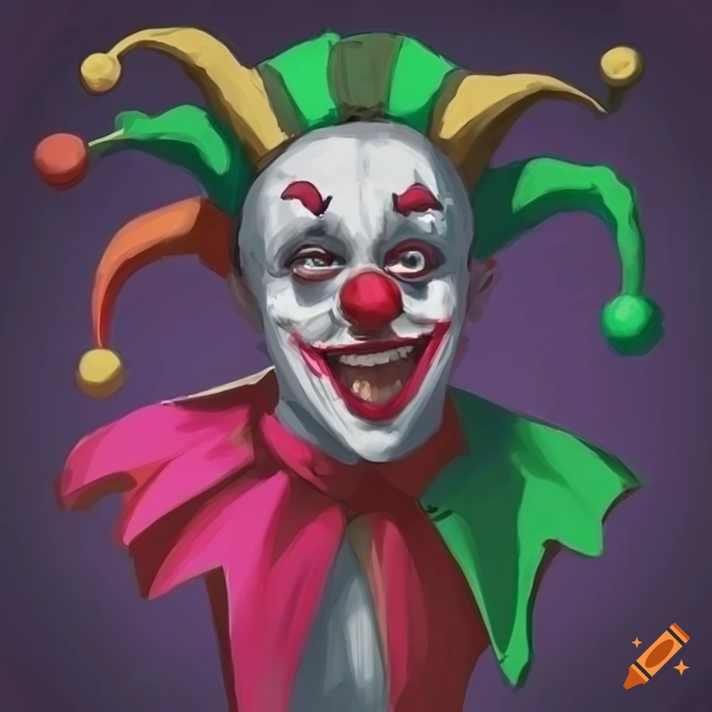 Jester with a hook nose in dark green and hot pink attire on Craiyon