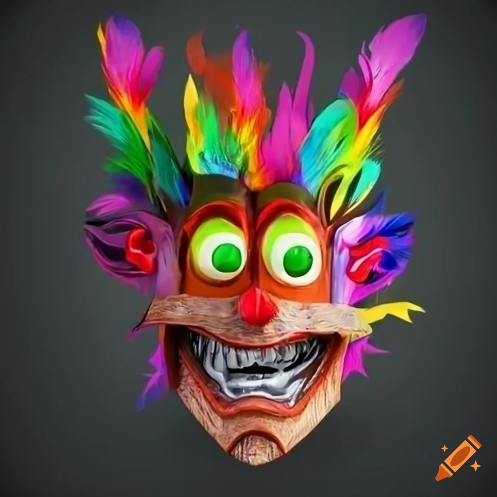 Intricately detailed sumarian wooden mask with a feather crown on Craiyon