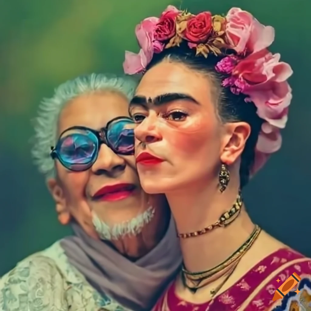 Frida Kahlo and Chavela Vargas sharing a friendly embrace on Craiyon