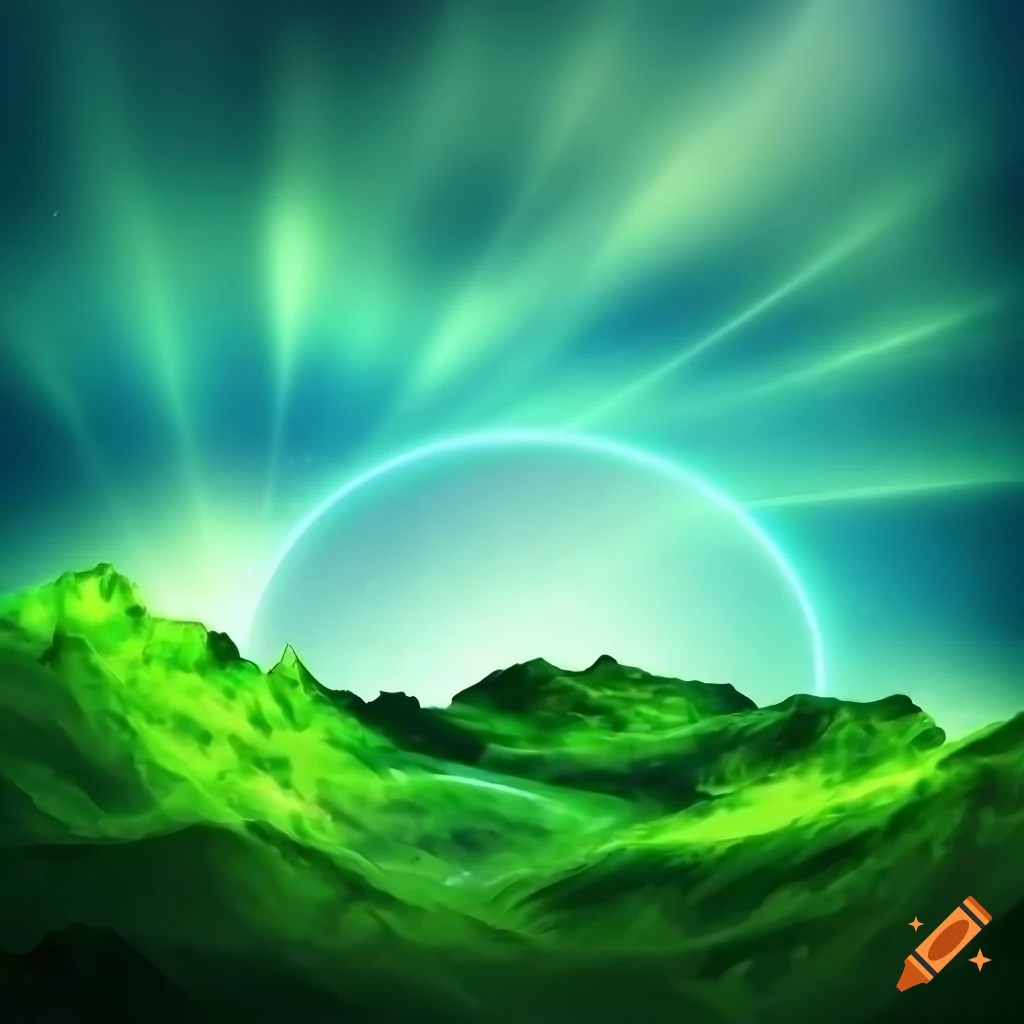 Green glowing mountain boulder in a fantasy setting on Craiyon