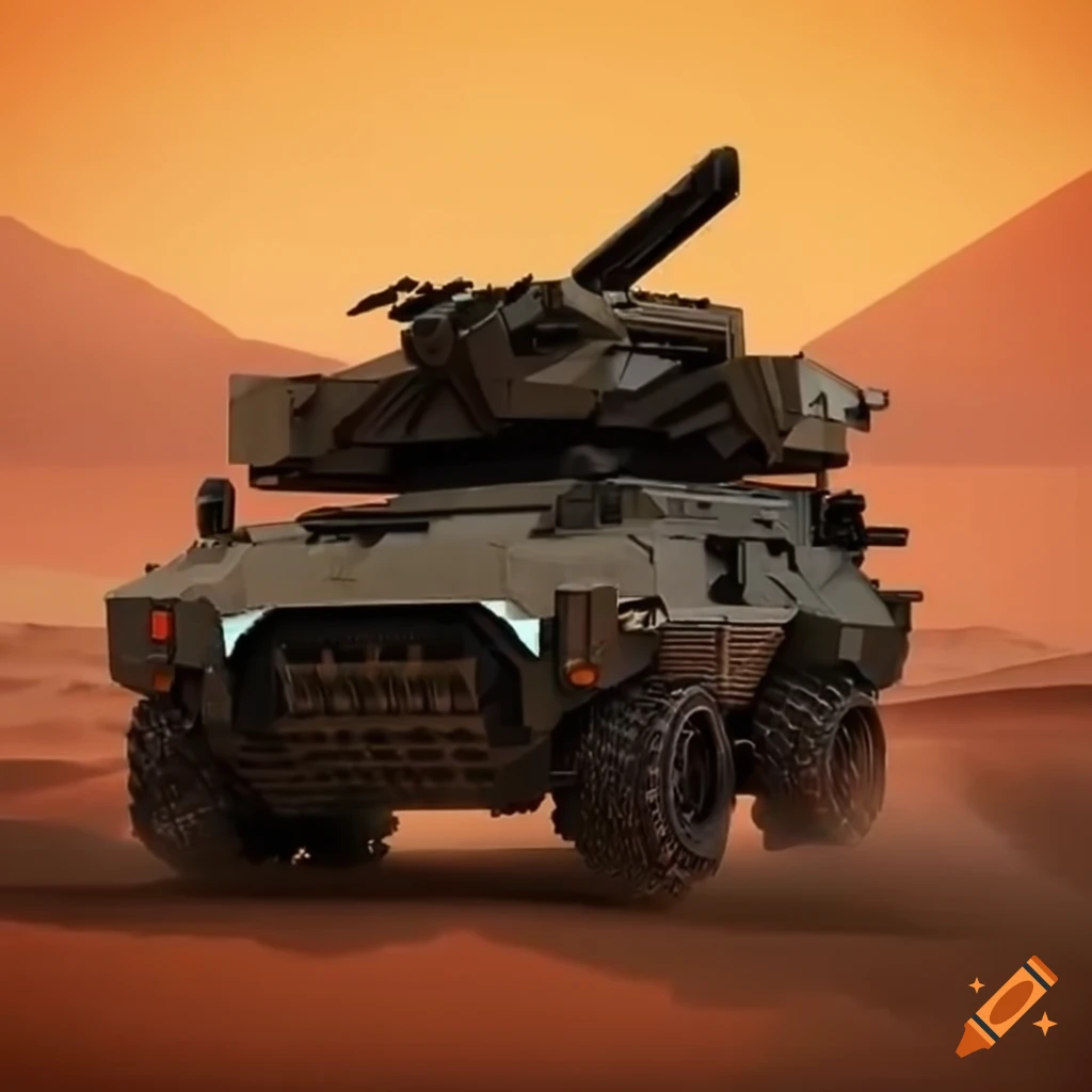 Futuristic military vehicle with advanced weaponry in a desert ...