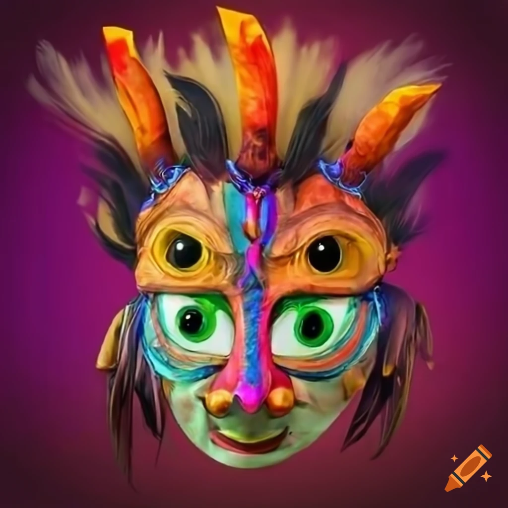 Vibrant and detailed Sumerian wooden mask with feather crown on Craiyon