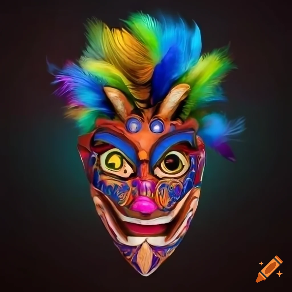 Vibrant Sumarian wooden mask with feather crown and fiery expressions ...