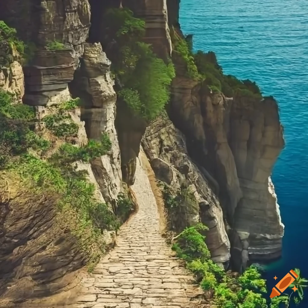 Scenic path along a cliff overlooking the ocean with a forest on the ...