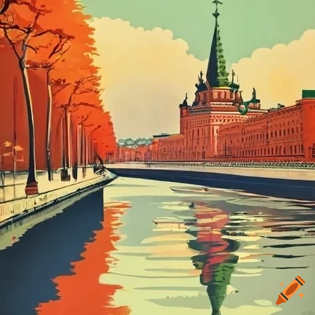 Vintage travel poster of the beautiful moscow embankment on Craiyon