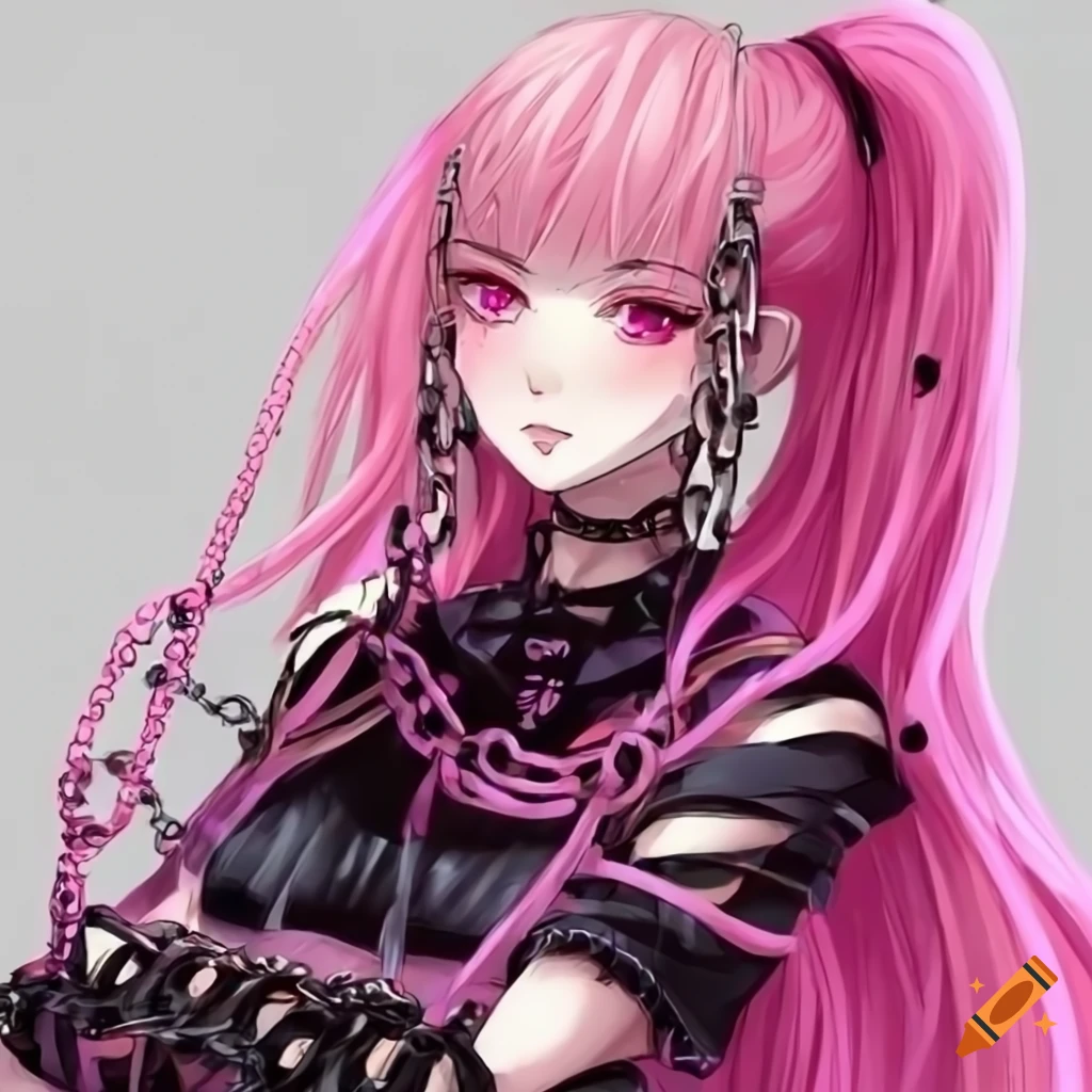 Gothic anime girl with faded pink hair and chains on her attire on Craiyon