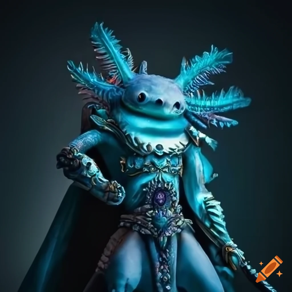 Intricately designed blue axolotl warrior with glowing metal weapon in ...