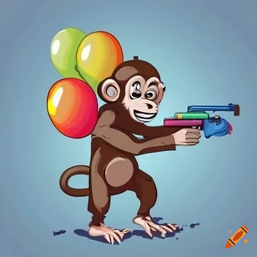 Playful monkey with a water gun and colorful balloons on Craiyon