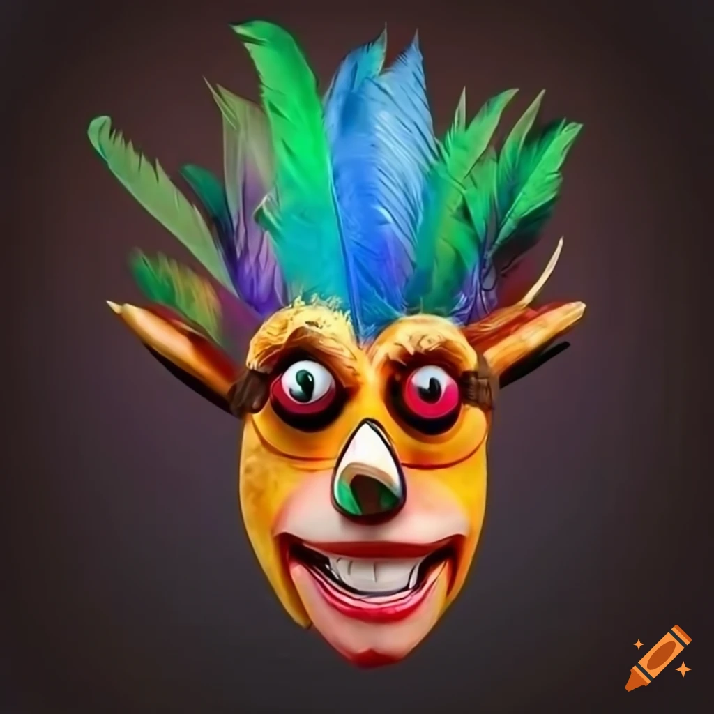 Intricately detailed sumarian wooden mask with a feather crown on Craiyon