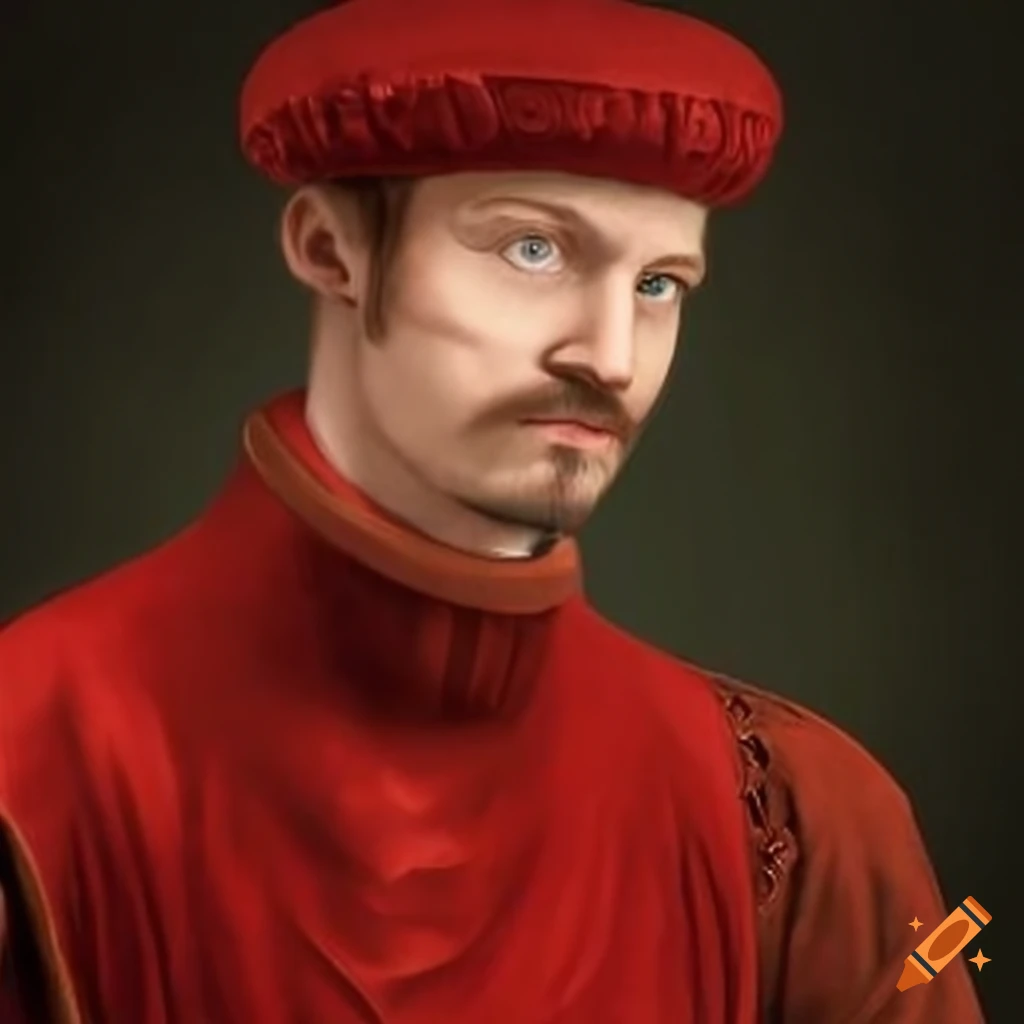 Sophisticated male swindler in bright red Middle Ages attire on Craiyon