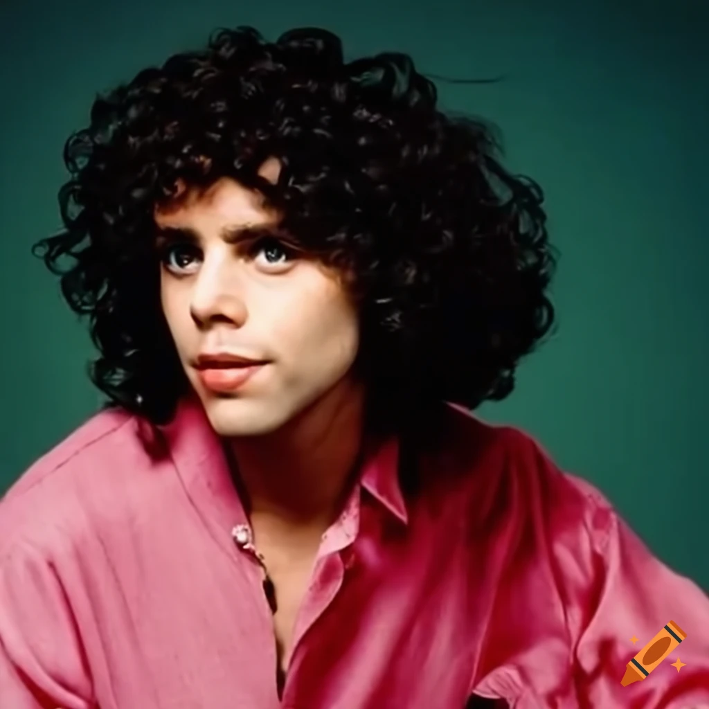 Mika's curly hair in a 1990s studio photo session with film grain effect on Craiyon