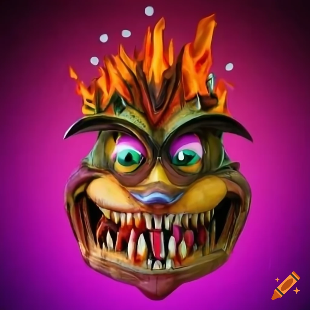 Vibrant sumerian wooden mask with fiery crown and colorful eyes on Craiyon