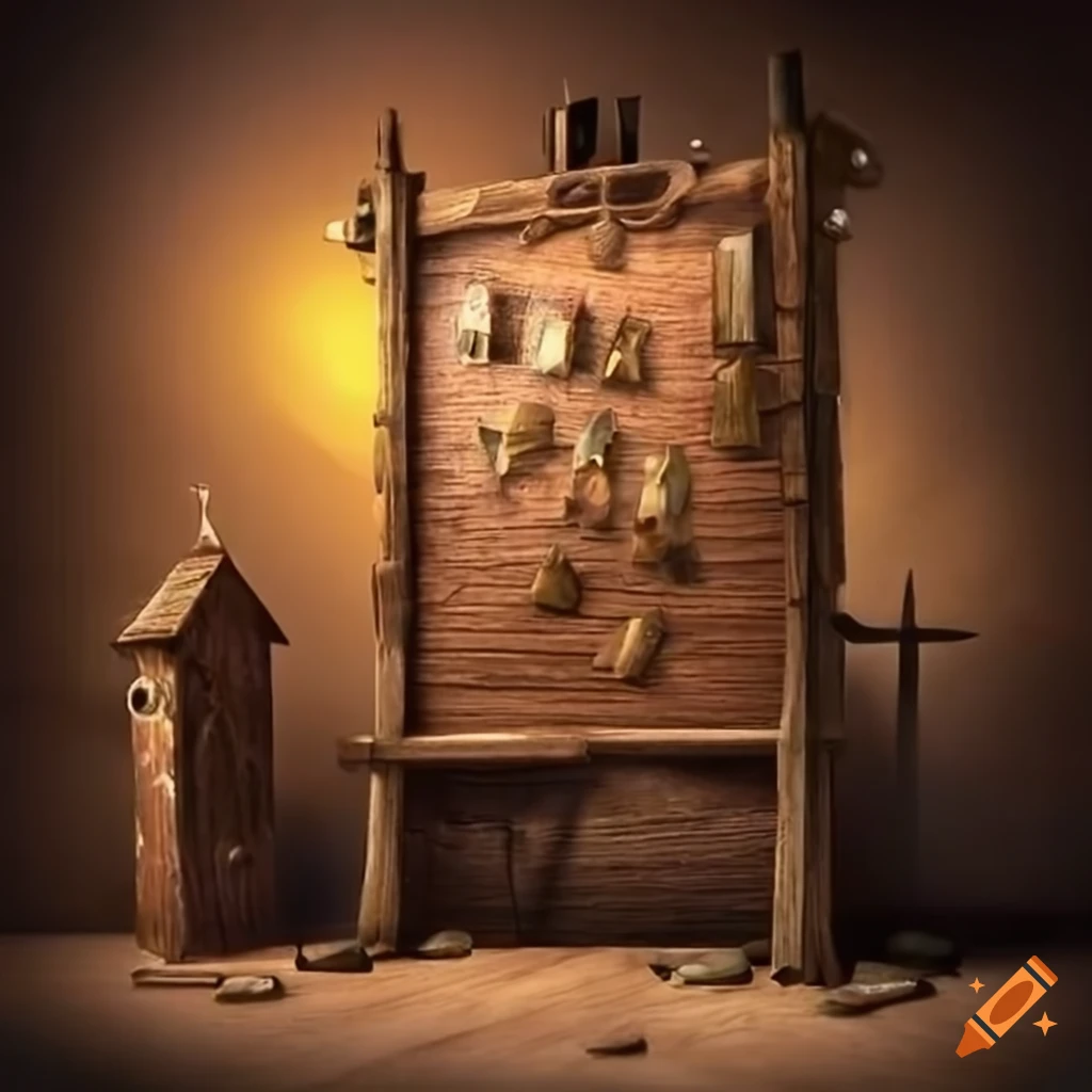 Detailed wooden bulletin board in a medieval fantasy town on Craiyon