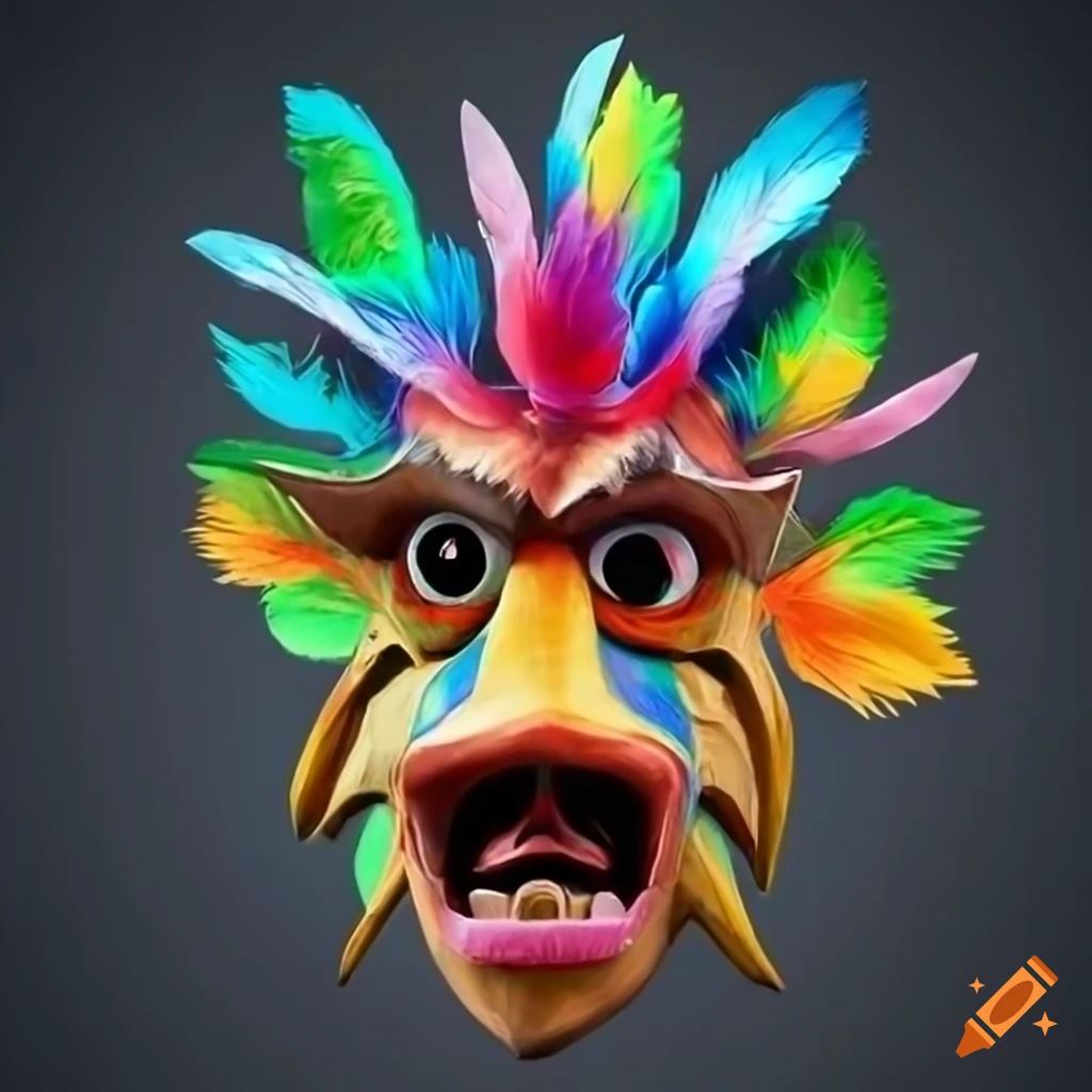 Vibrant sumerian wooden mask with realistic feather crown and bold ...