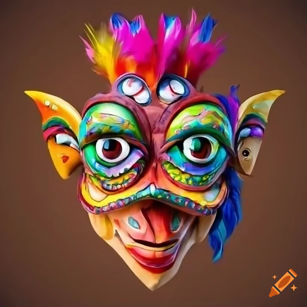 Intricately detailed sumarian wooden mask with feather crown and ...