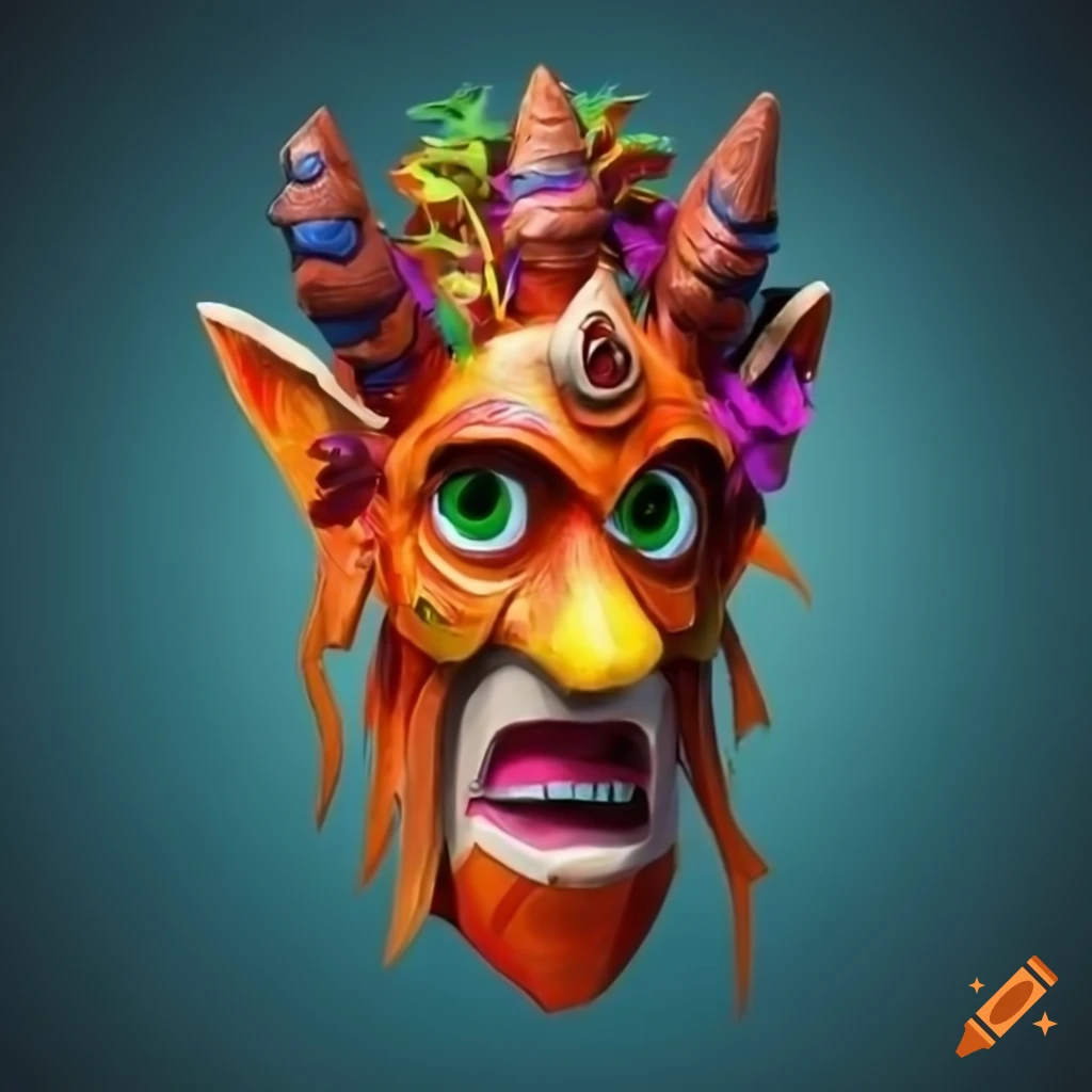 Intricately detailed sumarian wooden mask with a feather crown on Craiyon