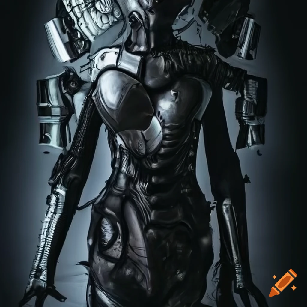 Cyber warrior woman in biomechanical armor exploring a futuristic metropolis on Craiyon