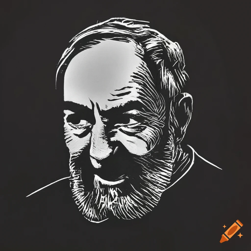 Linocut of Saint Padre Pio exuding peace and serenity on white ...