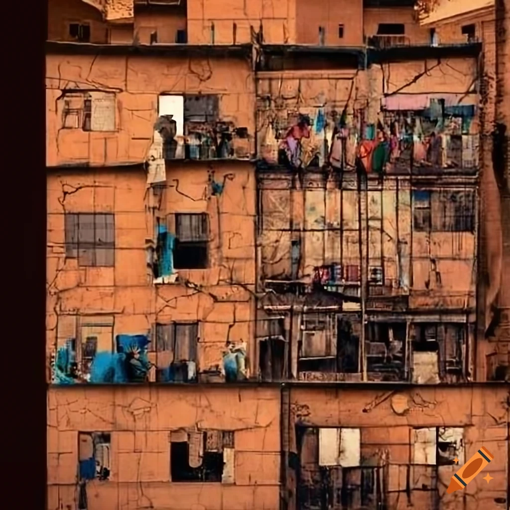 Asymmetrical architectural collage of a dystopian slum refugee camp in ...