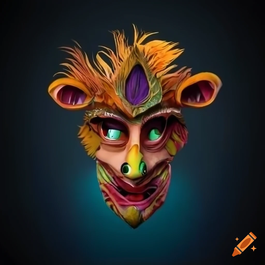 Intricately detailed sumarian wooden mask with a feather crown and bold ...