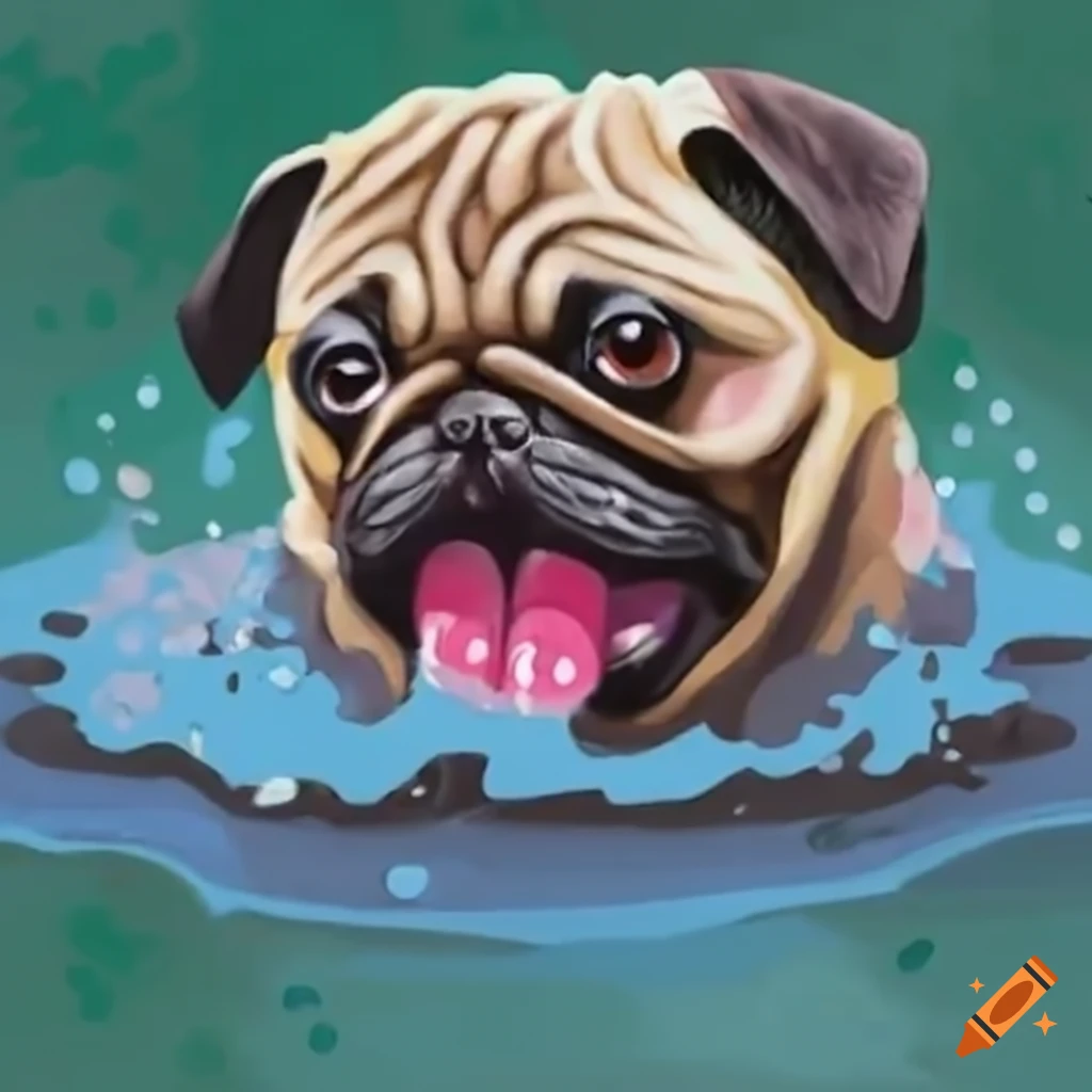 Cheerful pug splashing in a puddle during a downpour on Craiyon