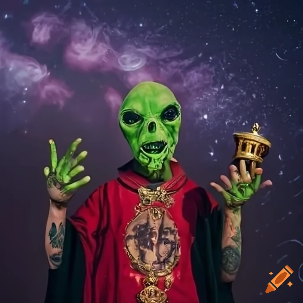 Alien rapper stonehead holding the world on top of a castle in a starry ...