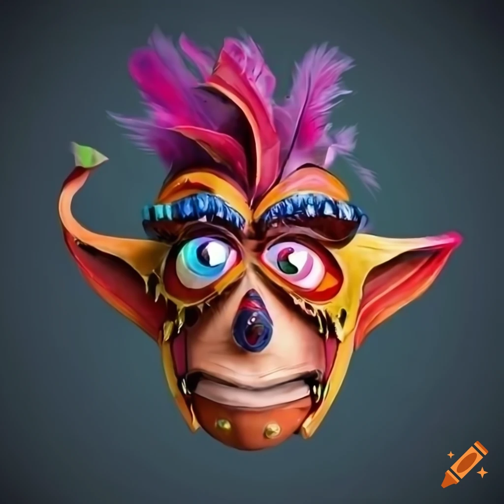 Vibrant Sumarian wooden mask with feather crown and bold colors on Craiyon