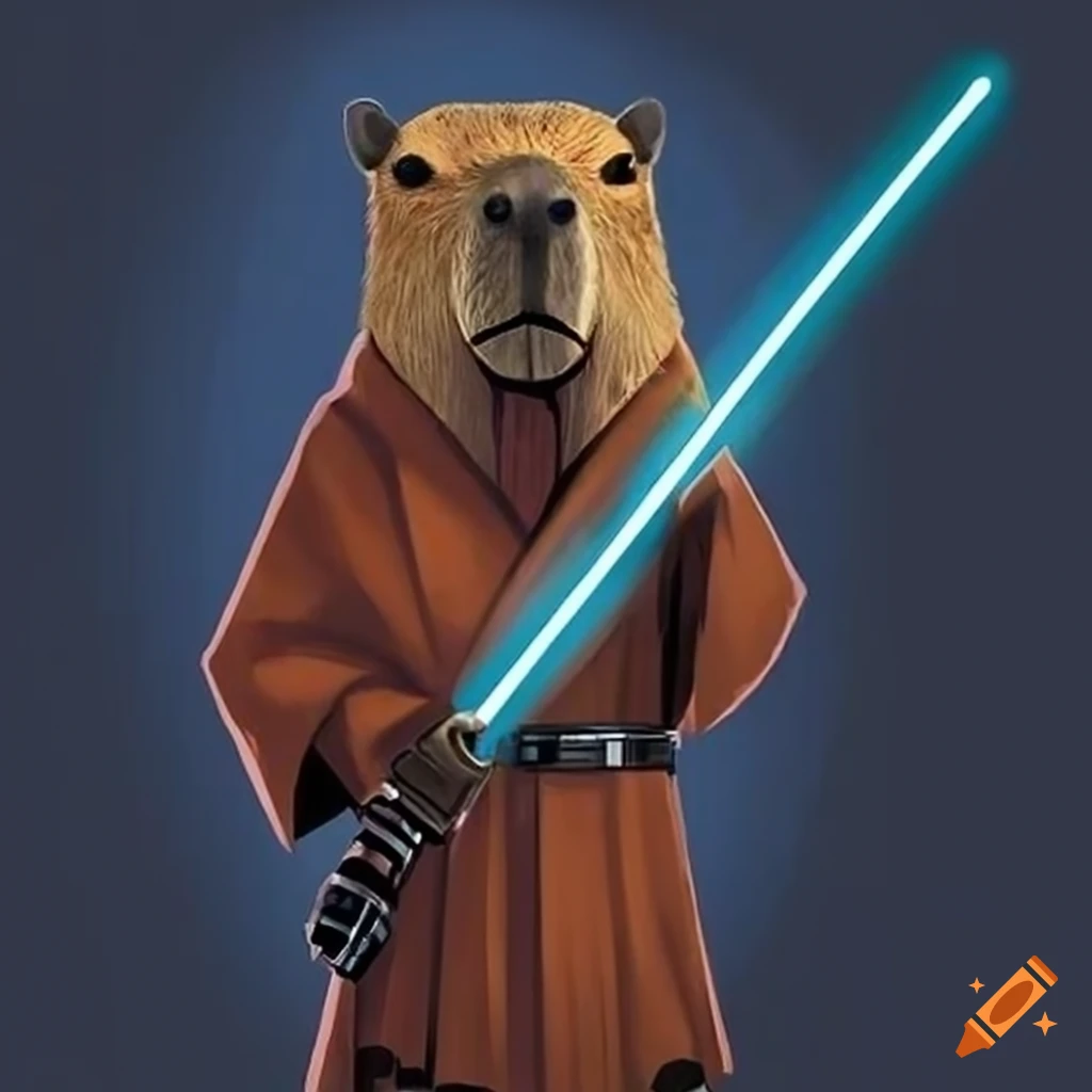 Capybara in Jedi robes wielding a lightsaber in a Star Wars inspired ...