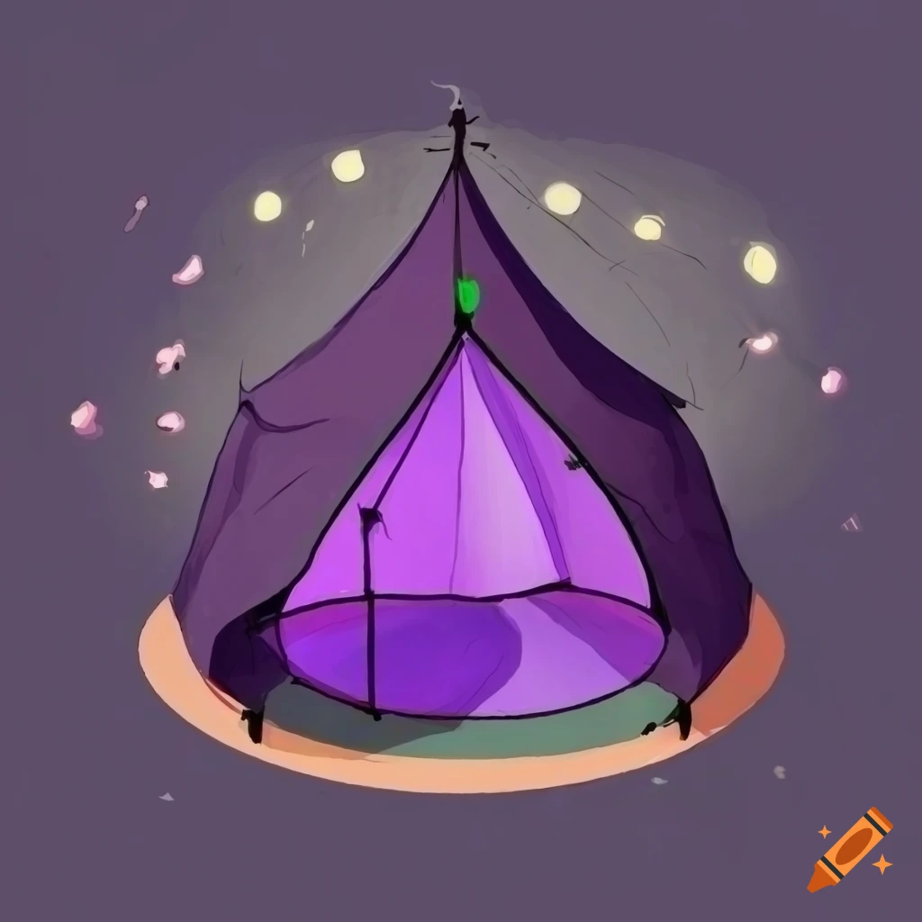 Isometric view of a gray tent with a glowing purple stone above on Craiyon