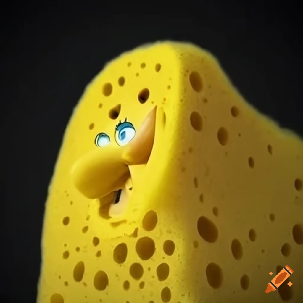 SpongeBob SquarePants on a yellow kitchen sponge on Craiyon