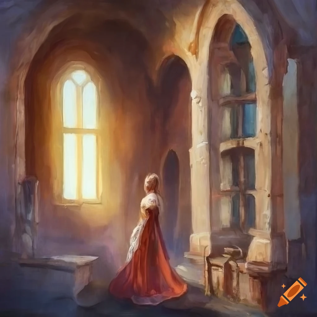 Woman in medieval attire standing near a castle window in a fantasy ...