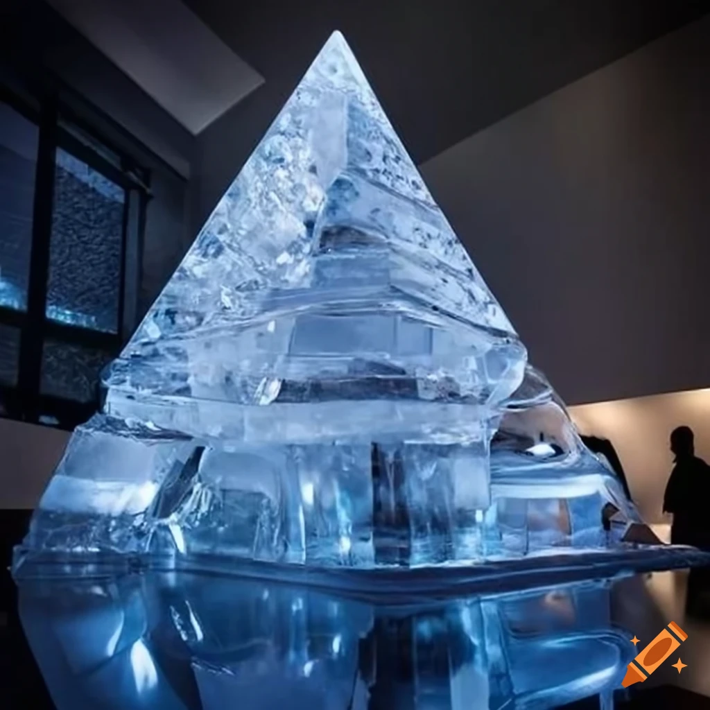 Crystal ice pyramid sculpture in a modern art gallery exhibit on Craiyon