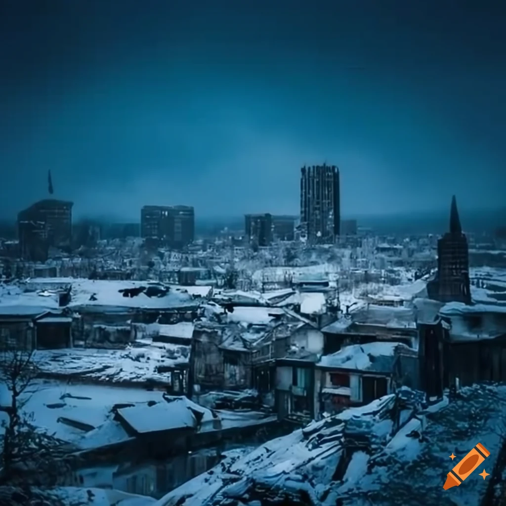 Abandoned city obscured by a snowstorm in the distance on Craiyon