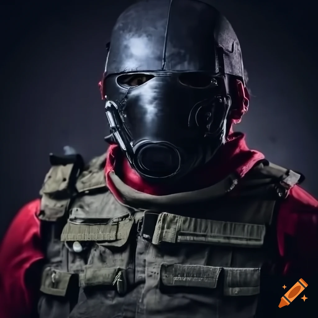 Close-up of a man in a dark red full body combat suit and black mask on ...