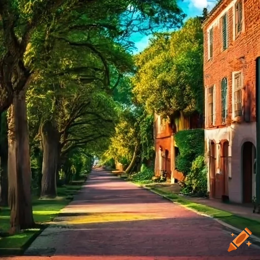 Picturesque neighborhood with identical houses and oak trees with ...