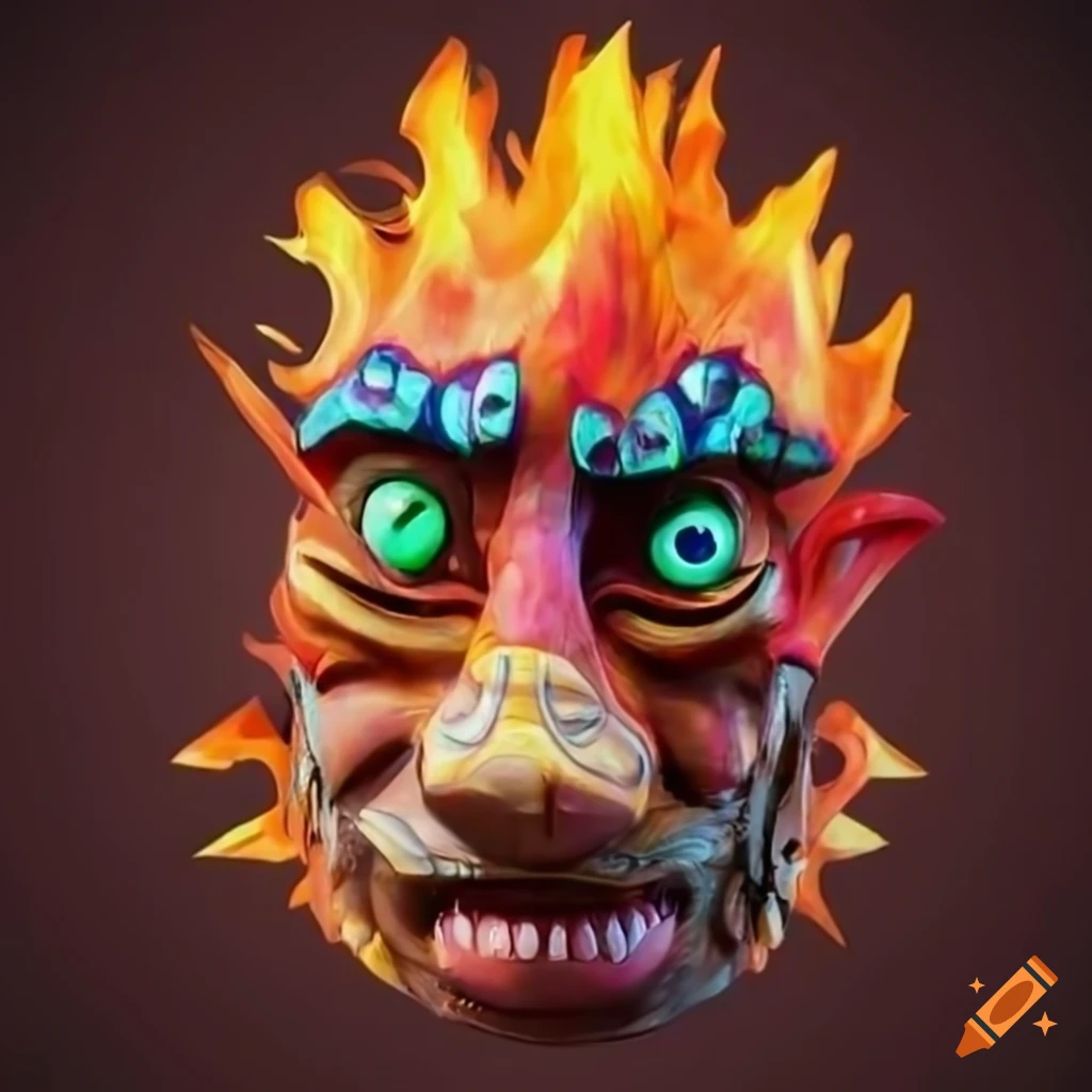 Vibrant sumerian wooden mask with fiery crown and colorful eyes on Craiyon