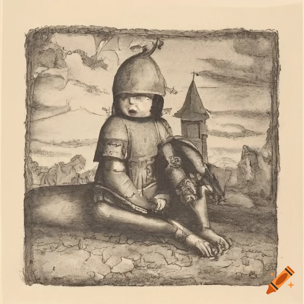 Medieval child in destroyed armor sitting on gravel with broken helmet ...