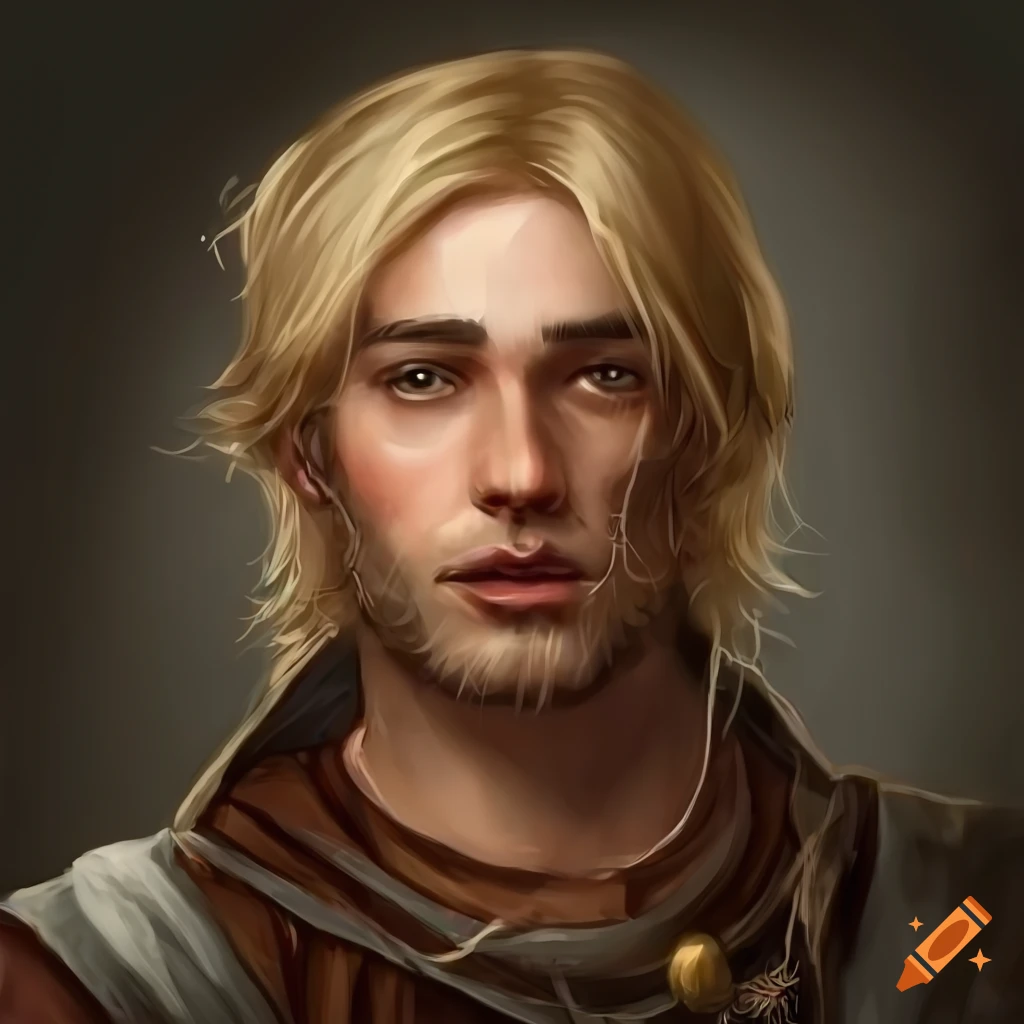 Portrait of a male bard with short blond hair and beard in a medieval ...