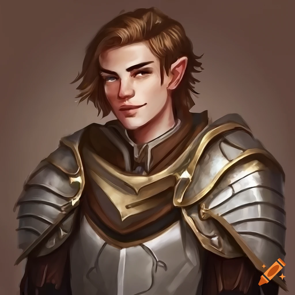 Portrait of a smiling male half-elf paladin in gold and silver armor on ...