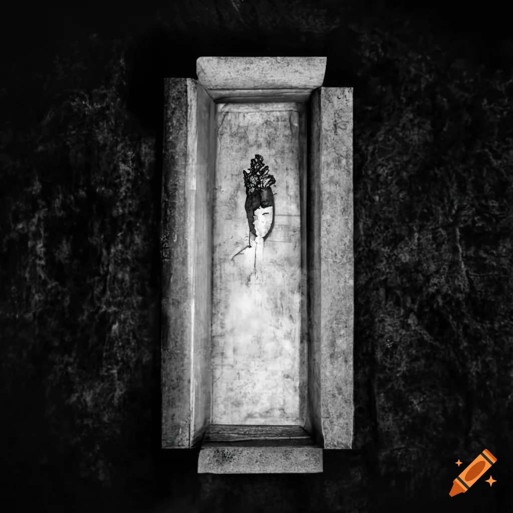 Black and white image of a coffin in an open grave from above on Craiyon