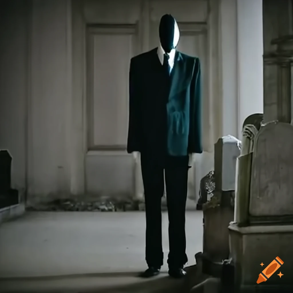 Creepy faceless tall men in suits at a graveyard in an empty room ...