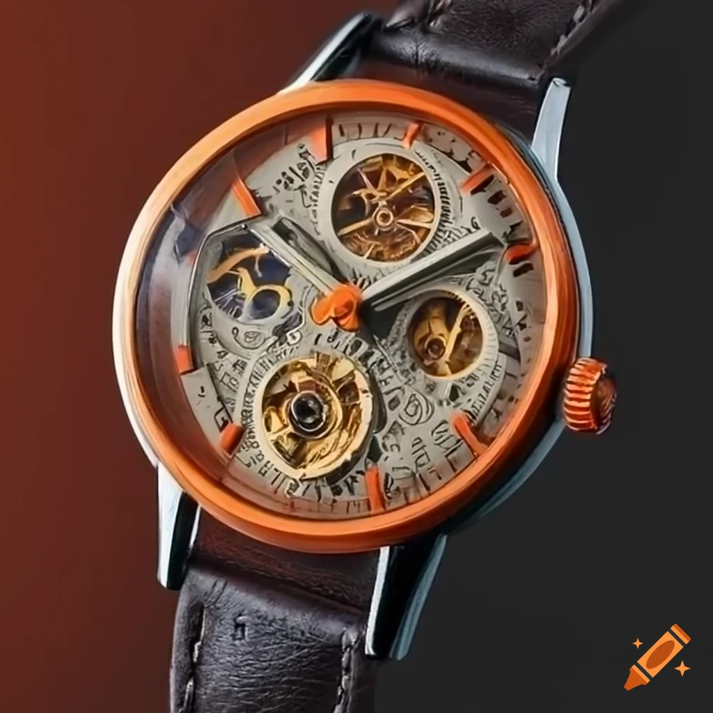 1960s Timex skeleton perpetual calendar watch in orange color on Craiyon