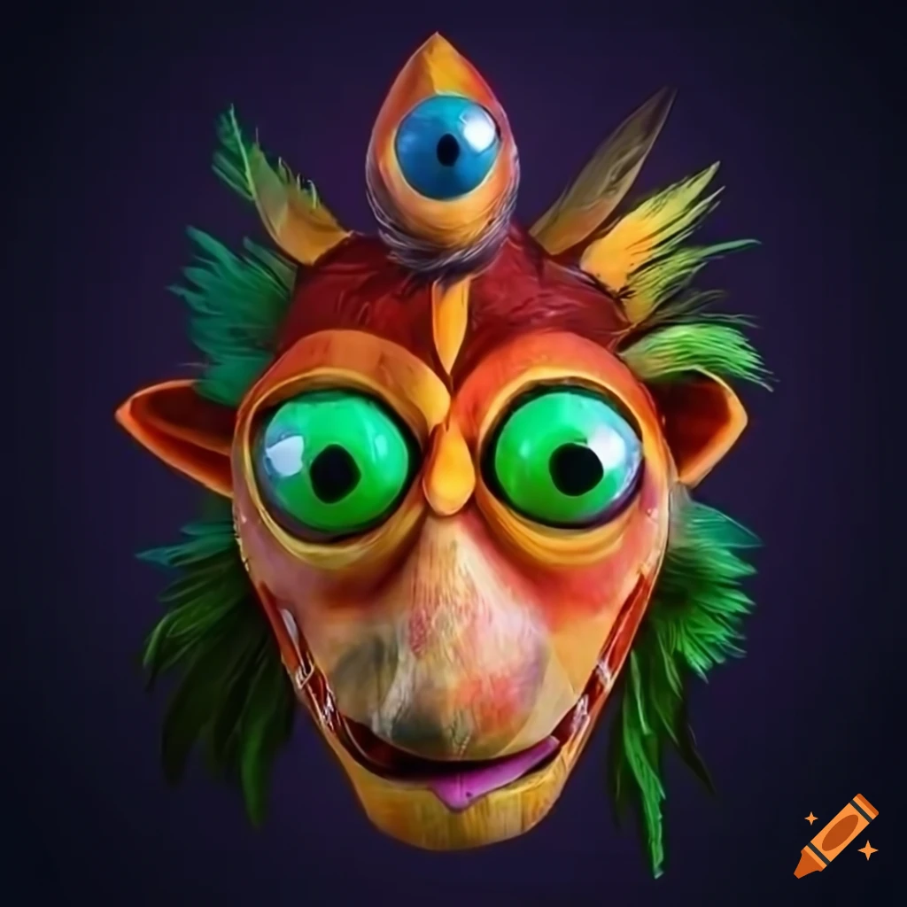 Vibrant Sumerian wooden mask with realistic feather crown and symbolic ...