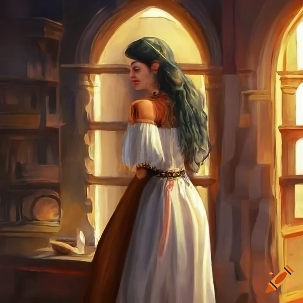 Woman in medieval attire standing by a castle window with sunlight ...